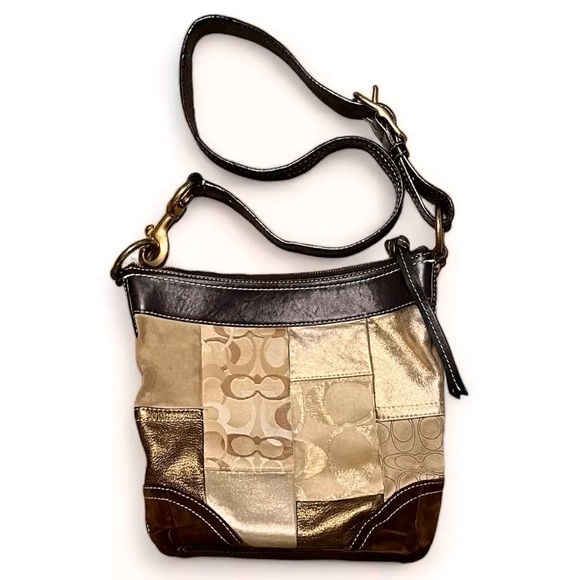 Coach | Bags | Vintage Coach Monogram Patchwork Brown Suede Gold ...